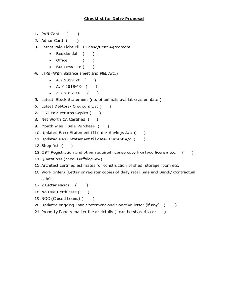 Checklist For Dairy Proposal | PDF
