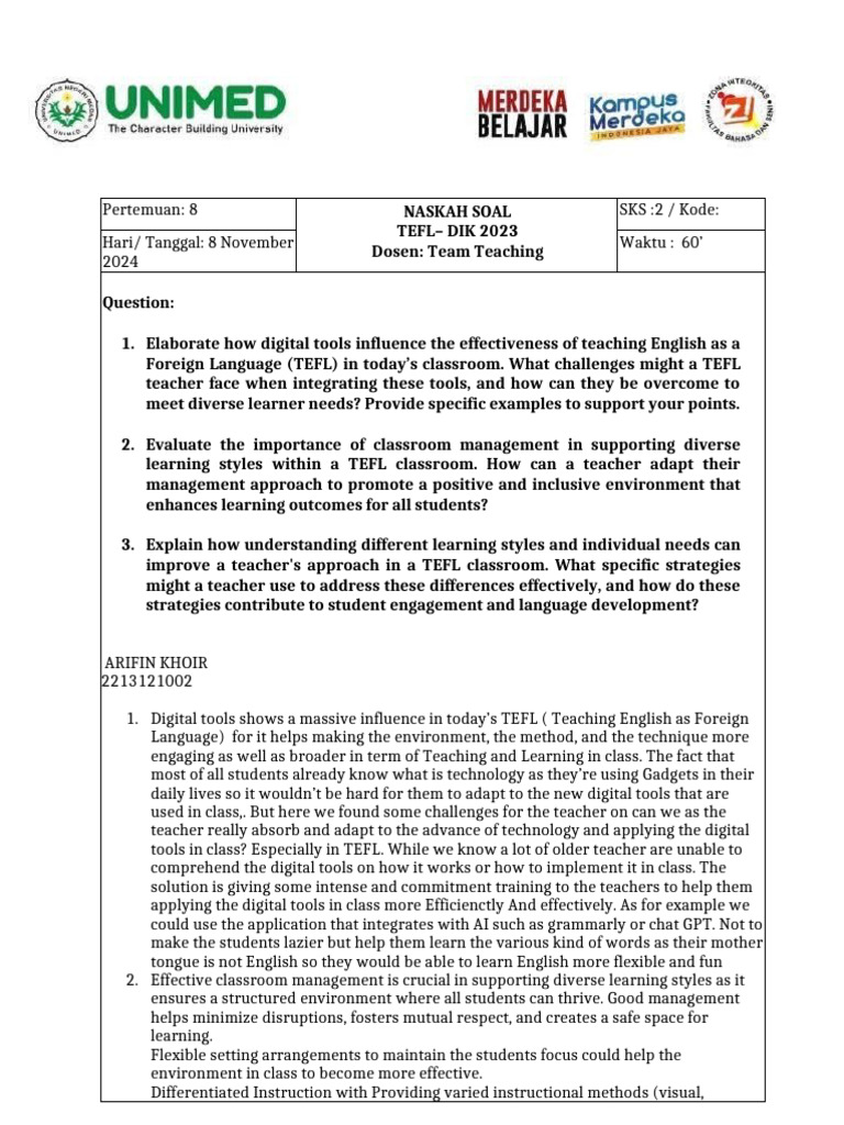 TEFL Digital Tools & Classroom Management | PDF | Learning | Learning Styles