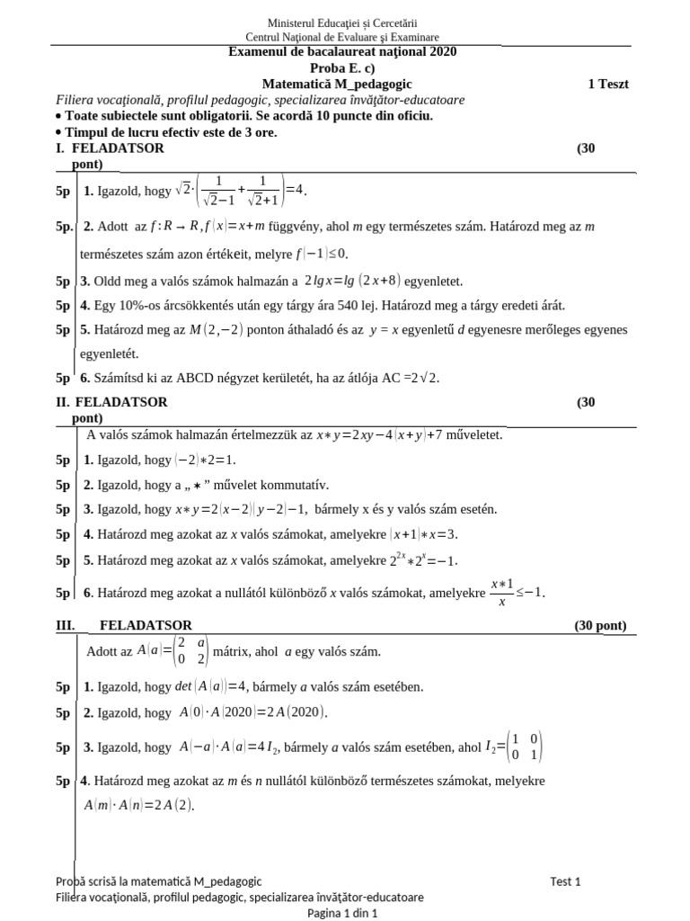 E C Matematica M Pedagogic 2020 Test 01 | PDF