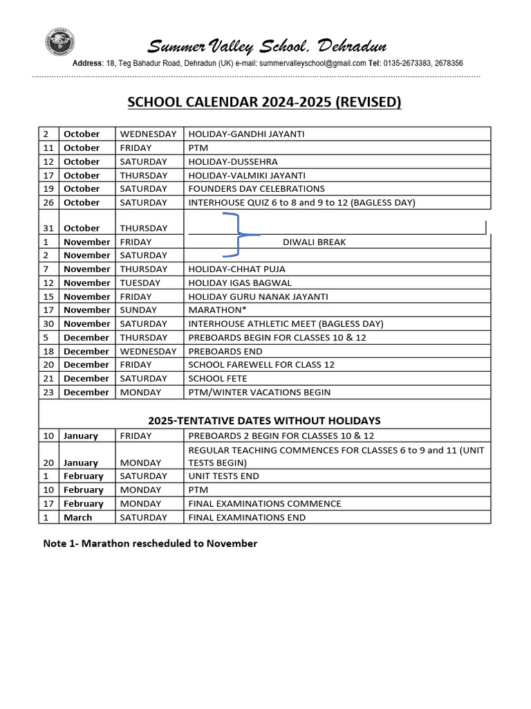 School Calender Oct 2024 Onwards | PDF