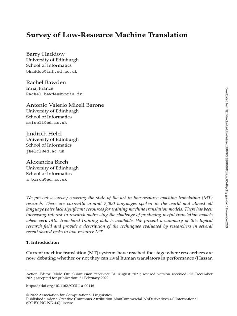 Haddow 等 - 2022 - Survey of Low-Resource Machine Translation | PDF | Translations | Multilingualism