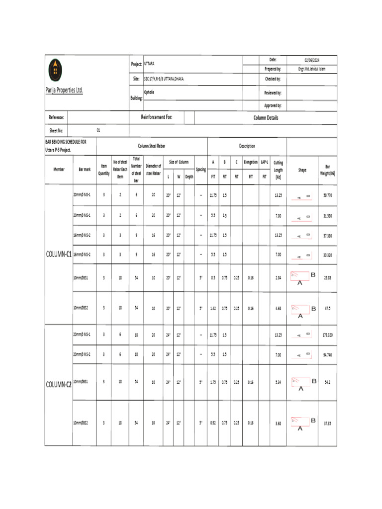 BBS For Column Re-Bar Work. | PDF