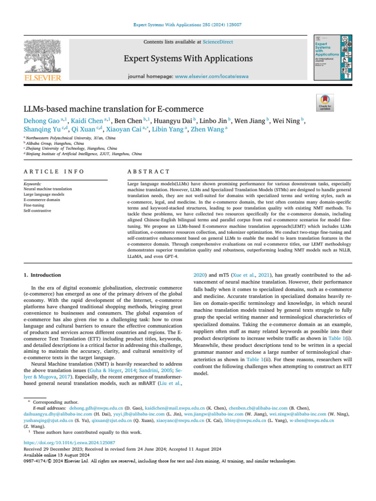 Gao - 2024 - LLMs-based Machine Translation For E-Commerce | PDF | Computational Neuroscience ...