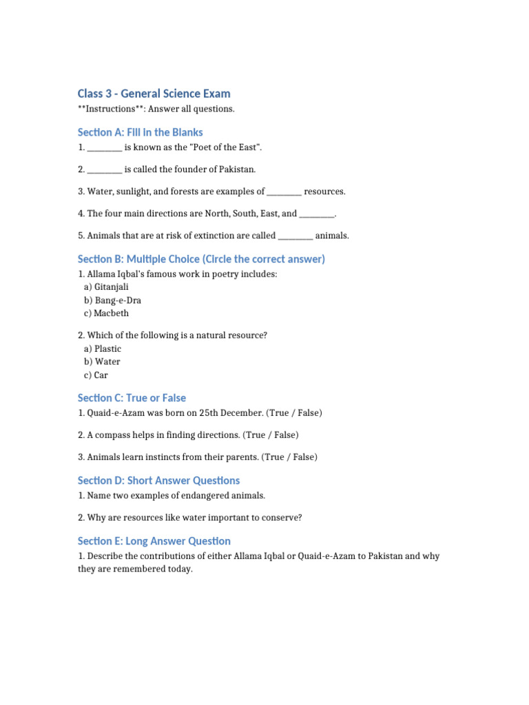 Class 3 General Science Exam | PDF