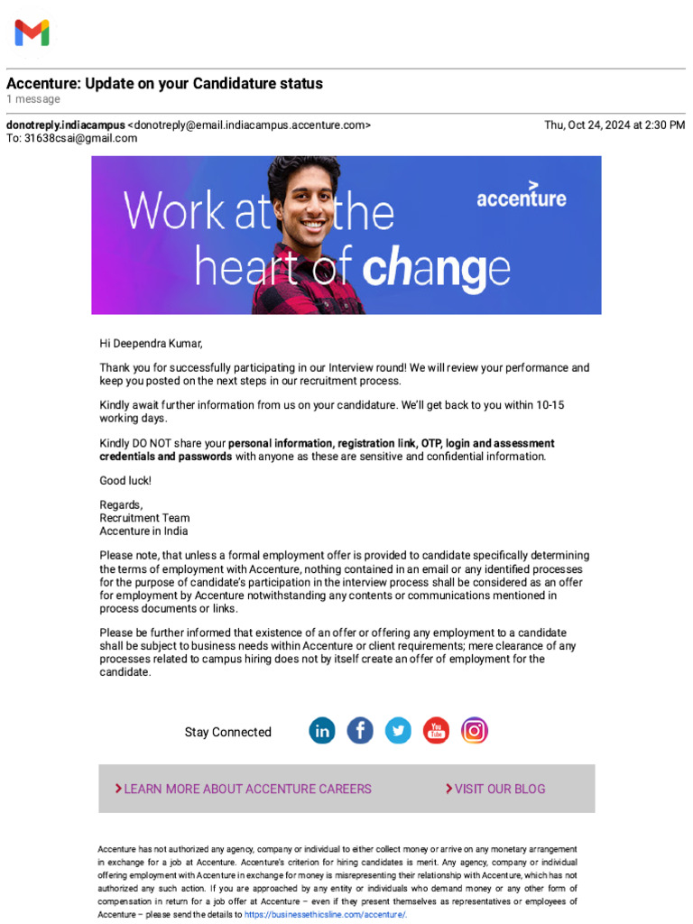 Accenture India Interview Update Notice | PDF | Employment | Privacy