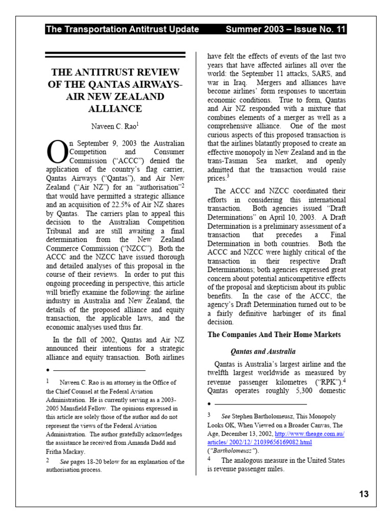 Qantas-Air NZ Alliance Antitrust Review | PDF | Airlines | Mergers And ...