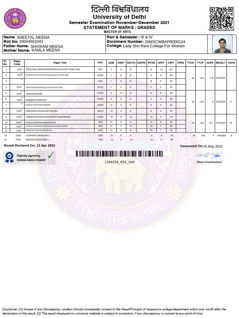 University of Delhi MA Marks Statement | PDF | Academia