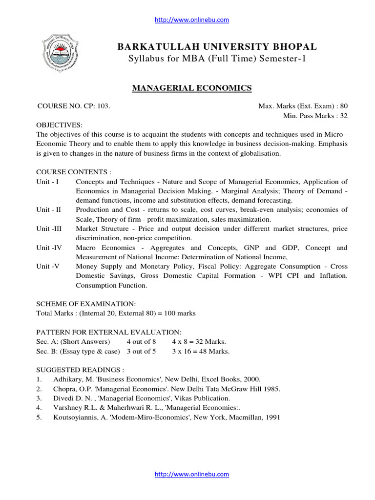 Bu Mba Syllabus Full Time 1 Sem CP 103 Managerial Economics | PDF