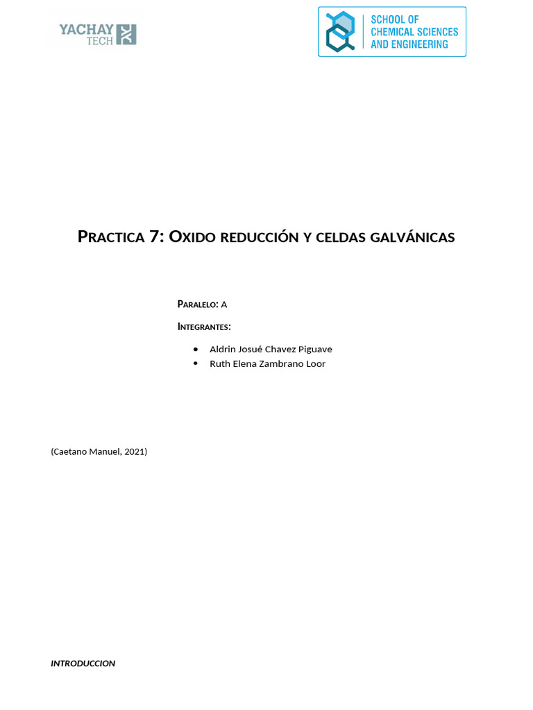 Prelab 7 Aldrin Chavez, Ruth Zambrano | PDF | Redox | Electrodo