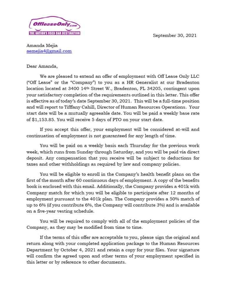 Amanda Mejia Offer Letter | PDF | Background Check | 401(K)