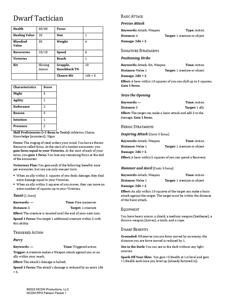 Dwarf Tactician Character Sheet | PDF