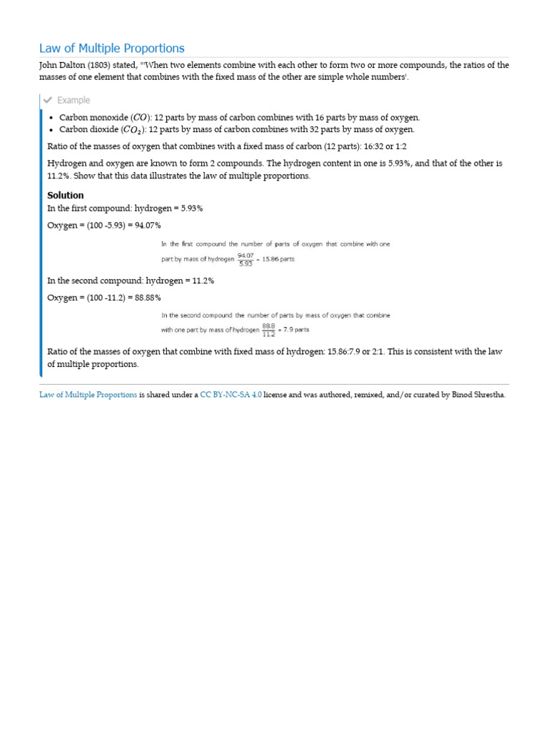 Law of Multiple Proportions - Chemistry LibreTexts | PDF