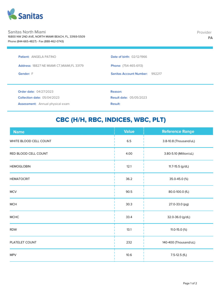 CBC (H/H, RBC, Indices, WBC, PLT) : Sanitas North Miami | PDF