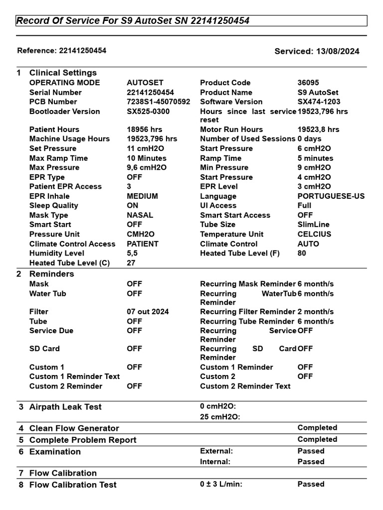 Record of Service For S9 Autoset SN 22141250454: Serviced: 13/08/2024 1 ...