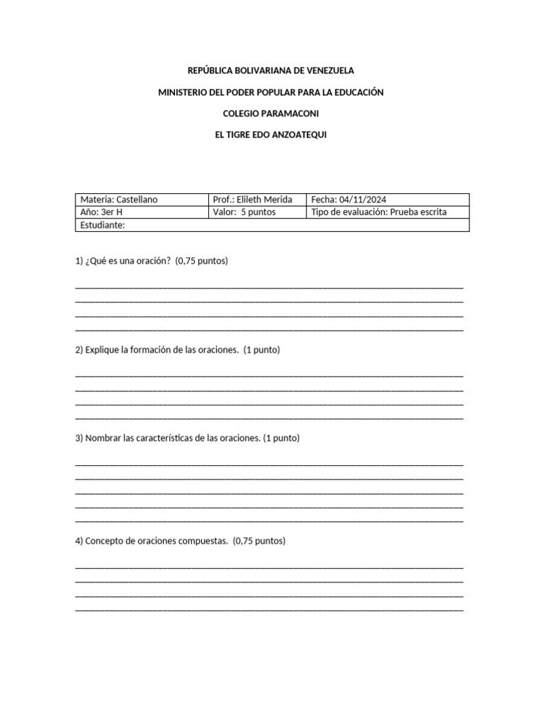 Examen de Castellano - (3er Año) | PDF | Crecimiento personal y ...