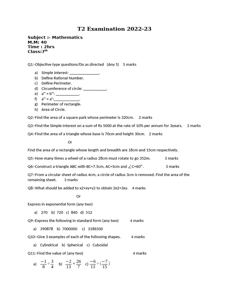 Math 7th Paper | PDF | Teaching Methods & Materials | Home & Garden