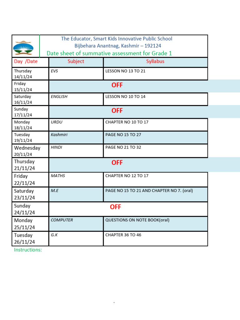 Grade 1 Exam Schedule & Guidelines | PDF