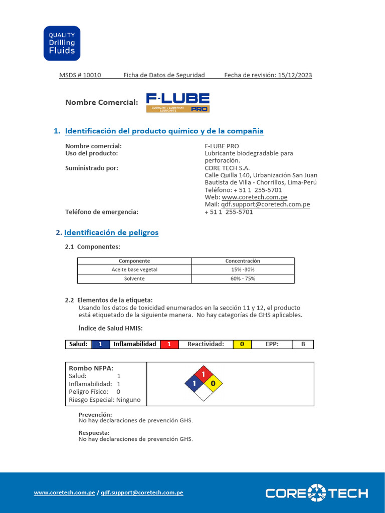 Ficha de Seguridad F-LUBE PRO | PDF | Agua | Primeros auxilios