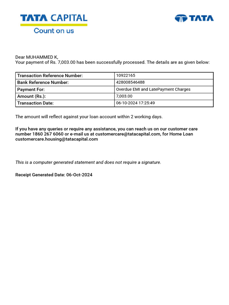 Tata Capital Loan Payment Confirmation | PDF