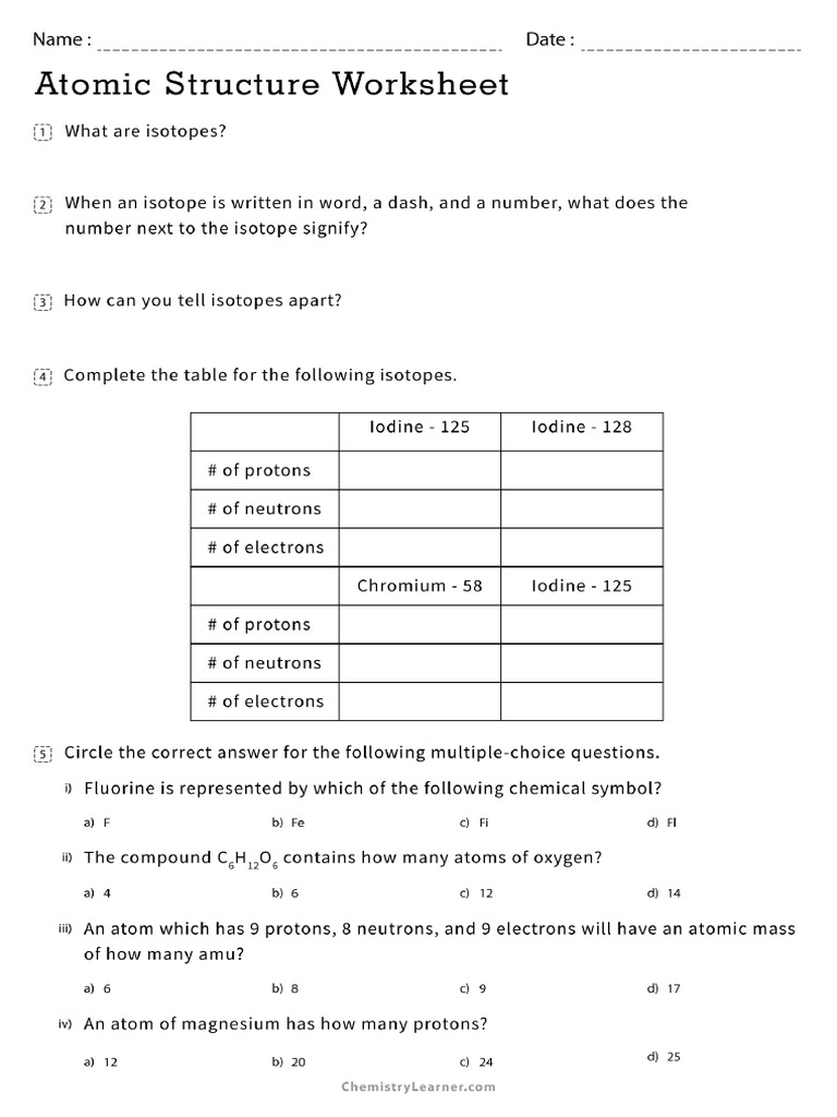 Atomic Structure Worksheet Key | PDF