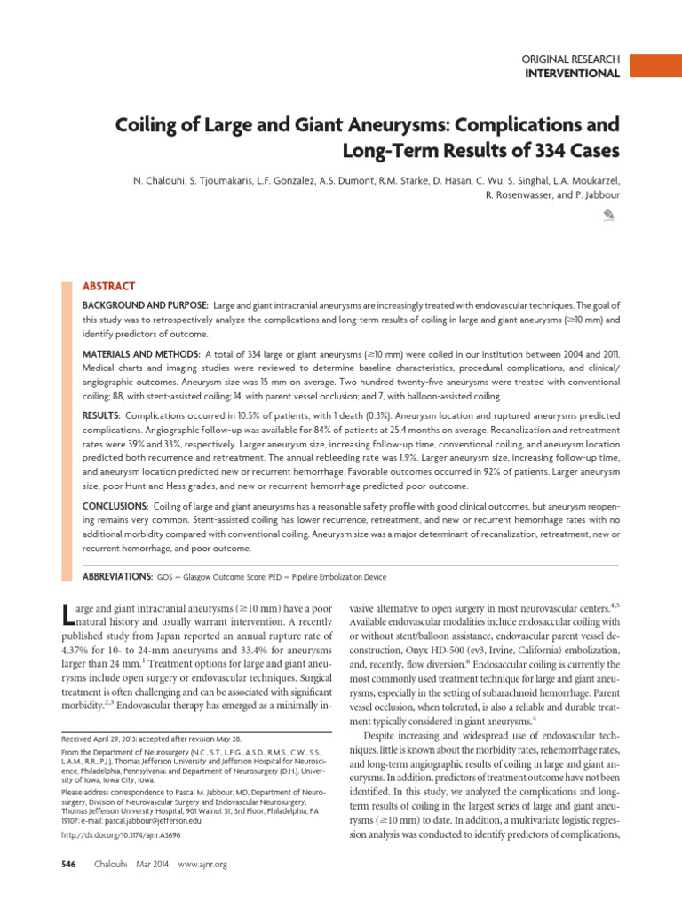 Coiling of Large and Giant Aneurysms Complications and | PDF ...