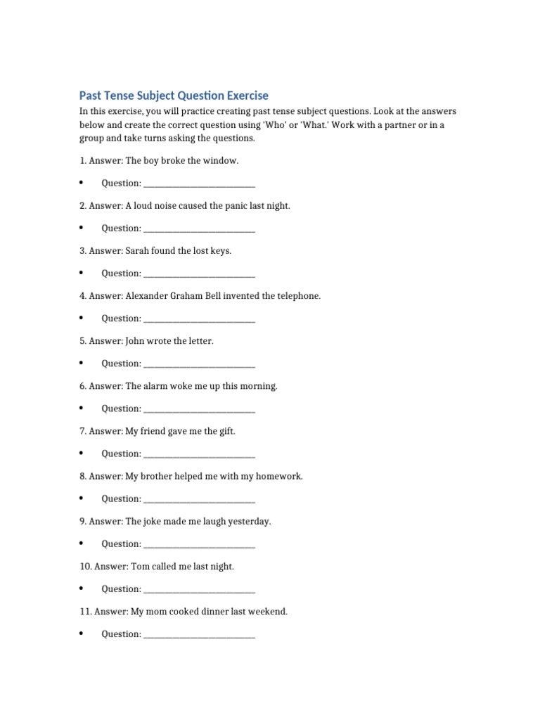 Past Tense Question Formation Exercise | PDF | Language Arts ...