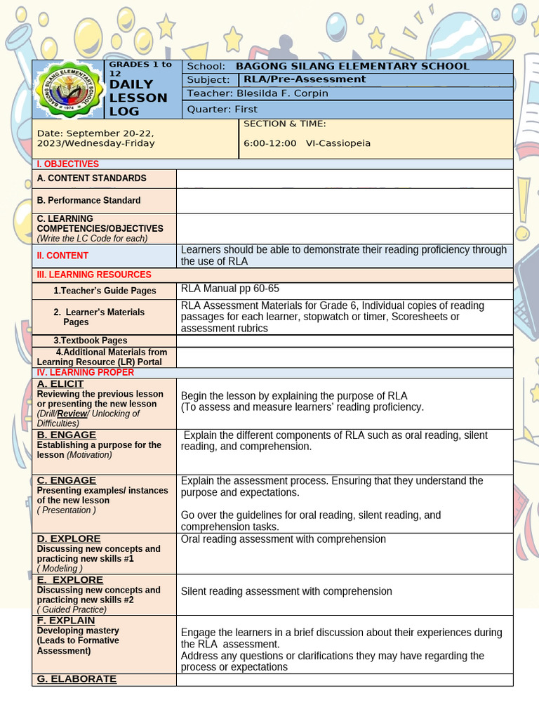 Grade 6 RLA Daily Lesson Log | PDF | Teaching | Pedagogy