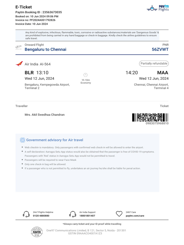 Air India E-Ticket: Bengaluru to Chennai | PDF | Fee | Airport