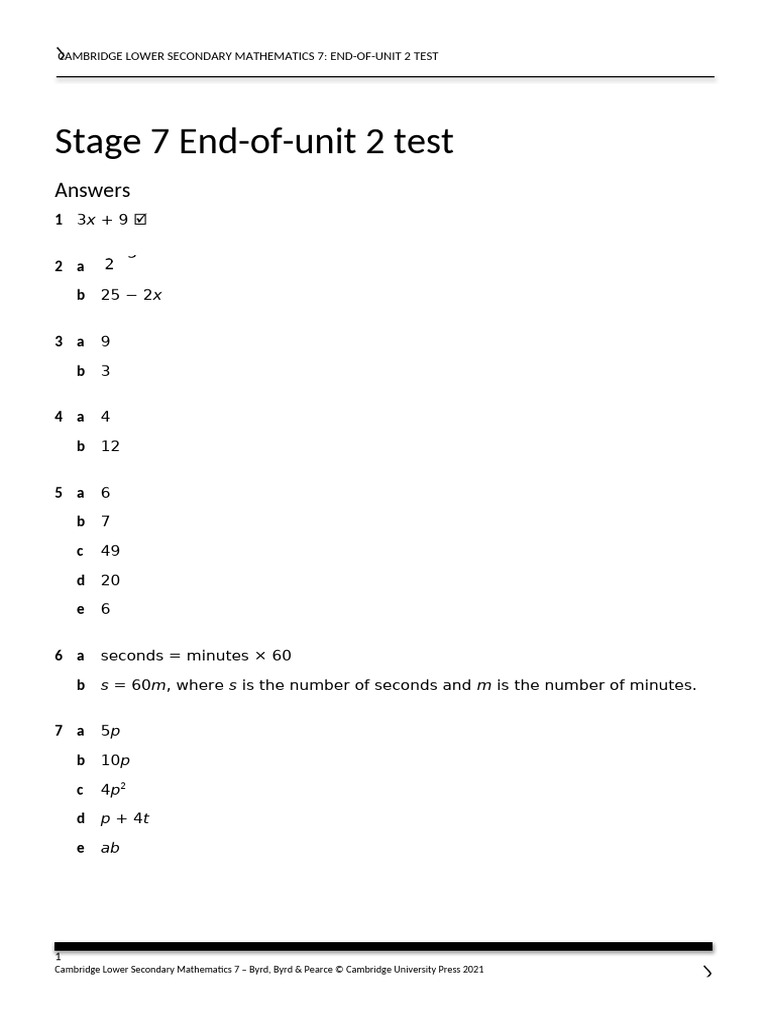 End-of-Unit 2 Test Answers for Stage 7 | PDF