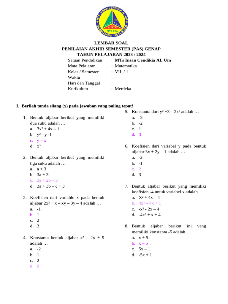 Soal + Jawaban Pas Genap Matematika Kelas 7 | PDF