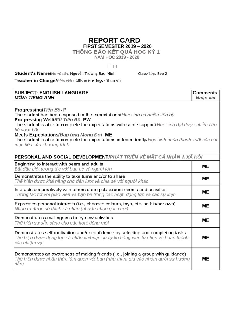 BEE - 2 - Report Card - AY - 1920 - S1 - Final | PDF