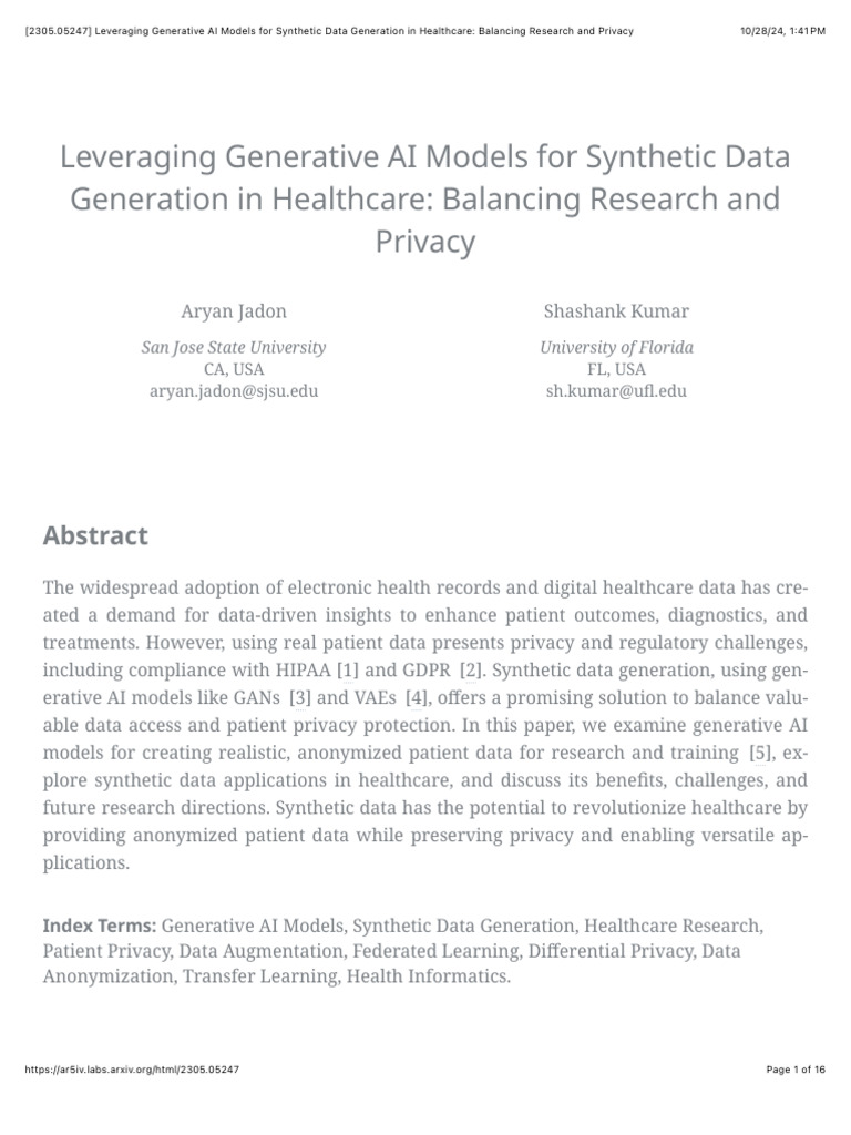 (2305.05247) Leveraging Generative AI Models For Synthetic Data Generation in Healthcare ...