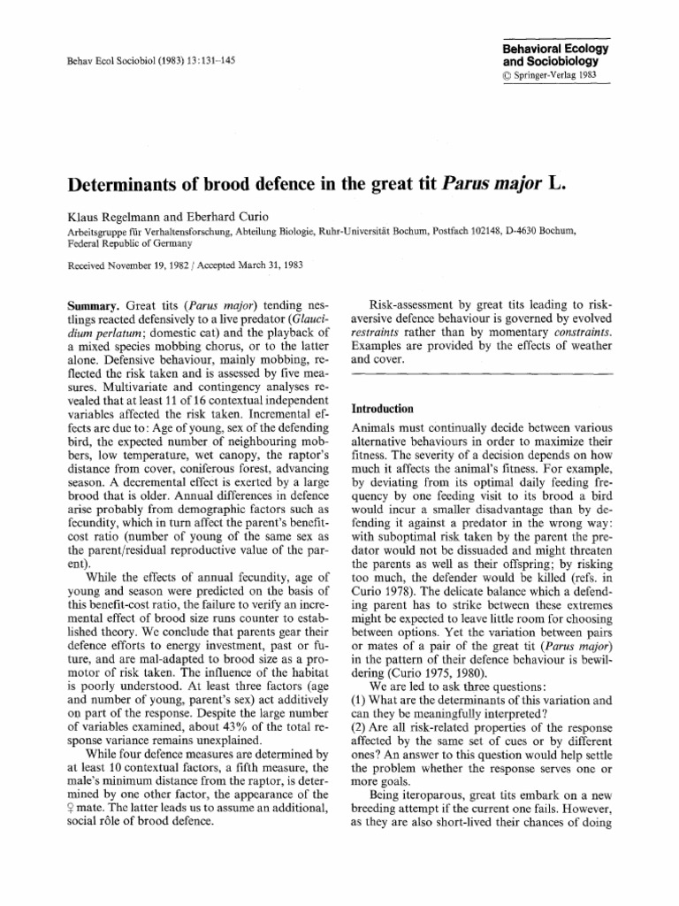 Regelmann Curio 1983-Defensa de Nido | PDF | Birds | Experiment