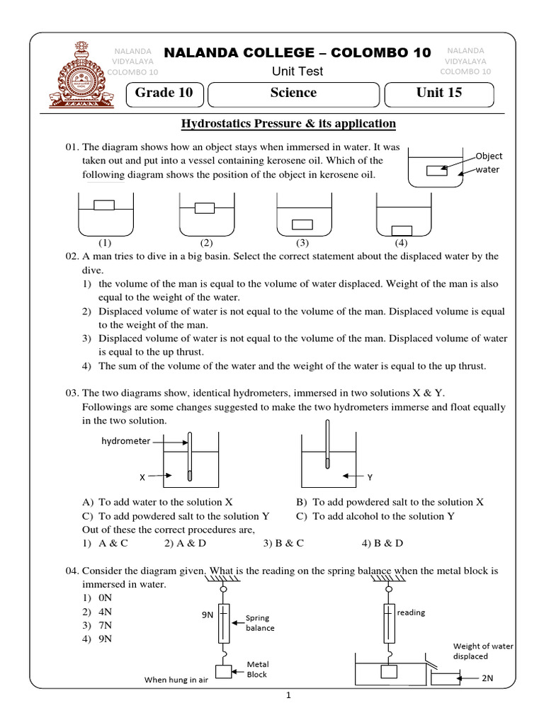 Grade 10 Science Unit 15 Eng. | PDF | Pressure | Water