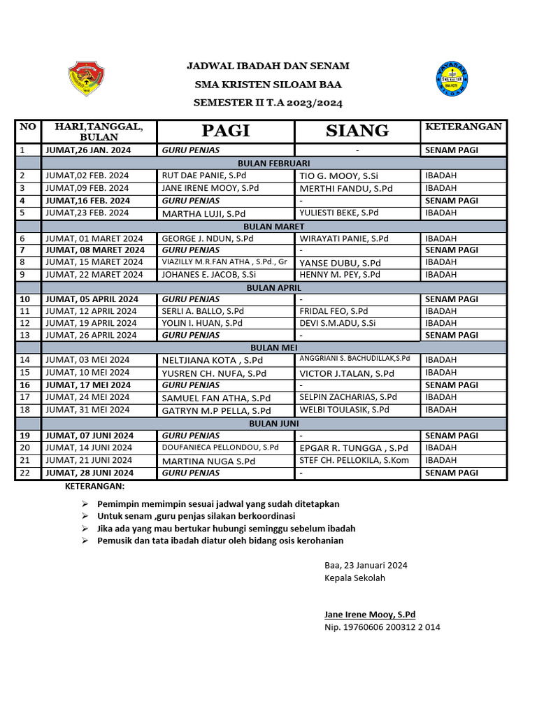 Jadwal Ibadah dan Senam SMA Siloam | PDF