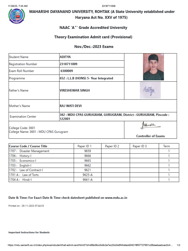 Aditya LLB Hons 5yr MDU CPAS Admit Card | PDF