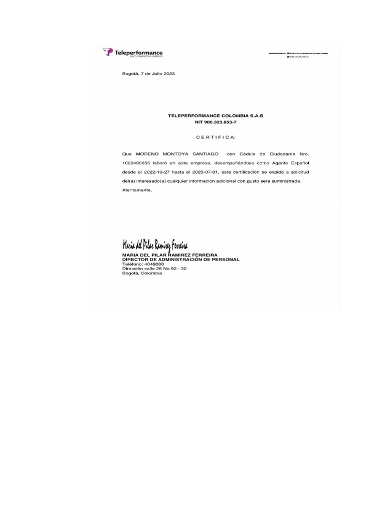 Certificado Laboral Teleperformance | PDF