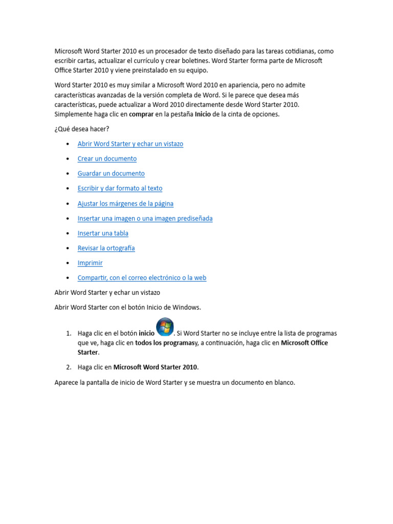 Microsoft Word Starter 2010 Es Un Procesador de Texto Diseñado para Las Tareas Cotidianas | PDF ...