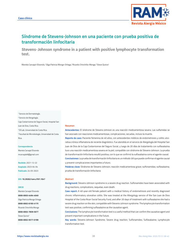 Sindrome de Stevens Johnson en Una Paciente Con Prueba Positiva de ...