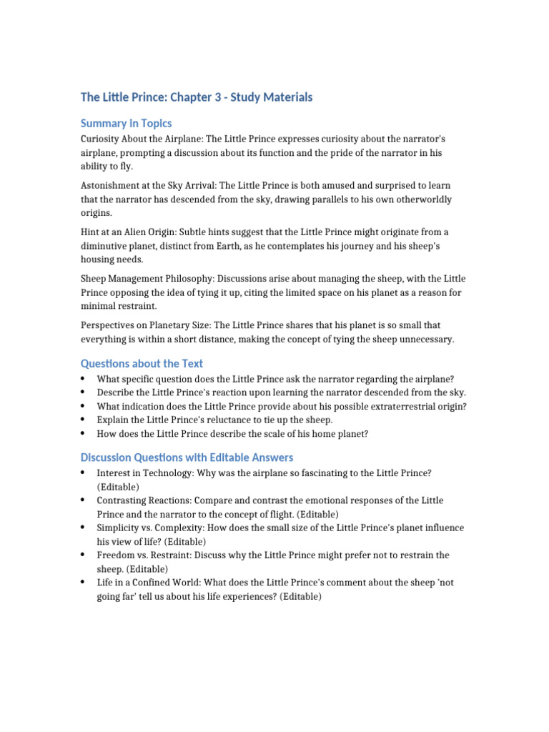 The Little Prince Chapter 3 Study Materials | PDF | Young Adult