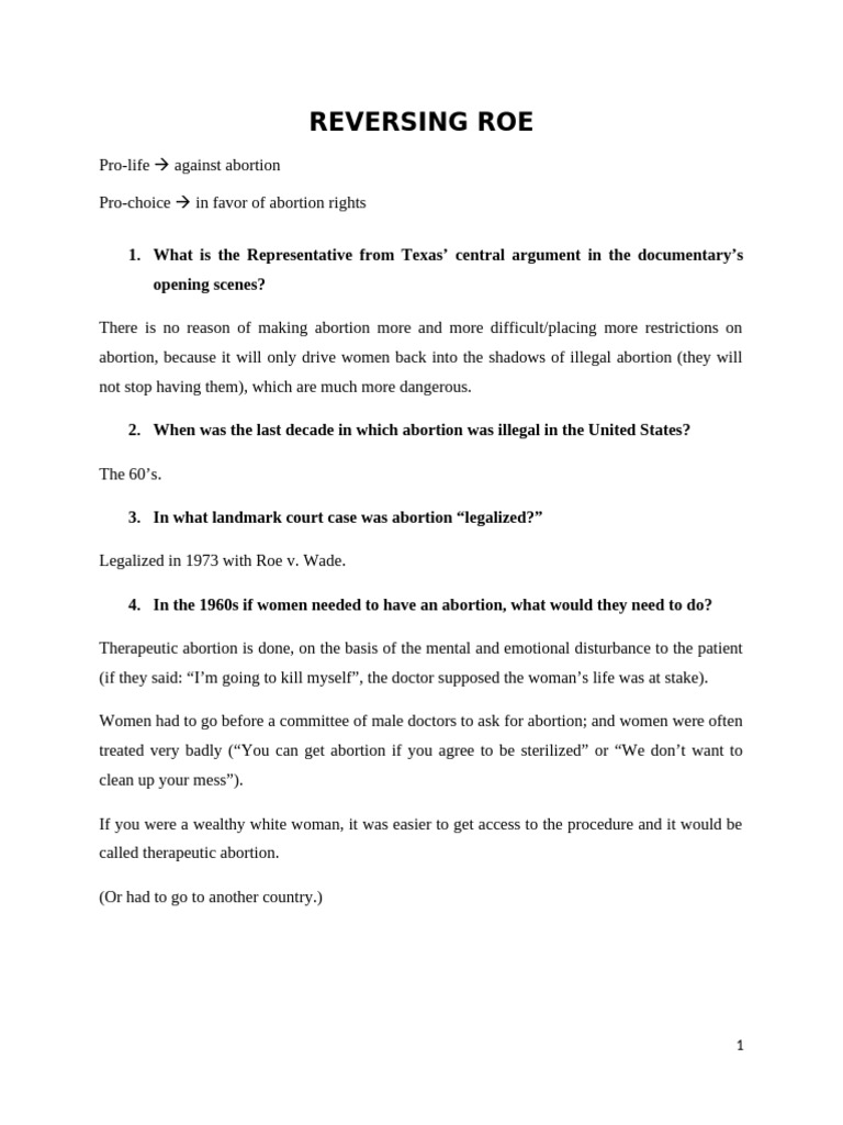 Worksheet Reversing Roe | PDF | Roe V. Wade | Abortion