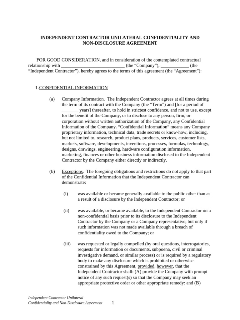 Independent Contractor Unilateral Conf and Nda | PDF | Non Disclosure ...