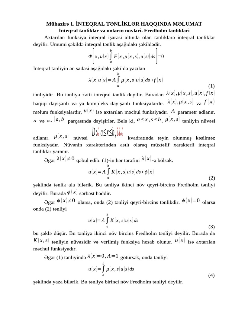 Xətti Inteqral Tənliklər VƏ Onların HƏLL Üsulları (Riyaziyyat) - 1 | PDF
