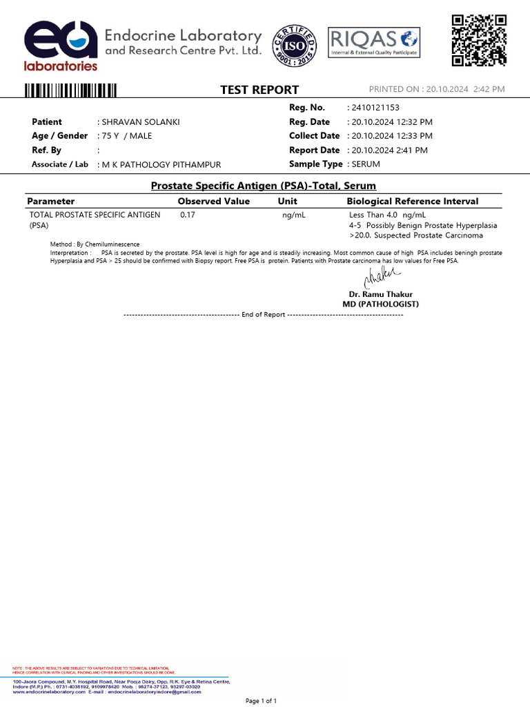 PSA Test Report for 75-Year-Old Male | PDF