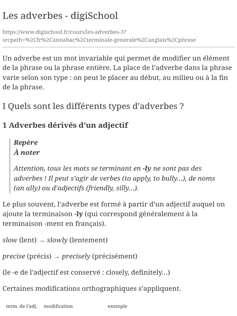 Types et usages des adverbes en français | PDF | Adverbe | Phrase