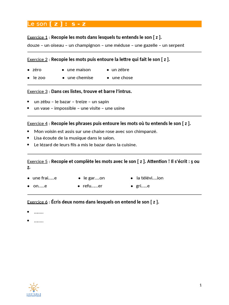 Exercices sur le son [z] en CE1 | PDF