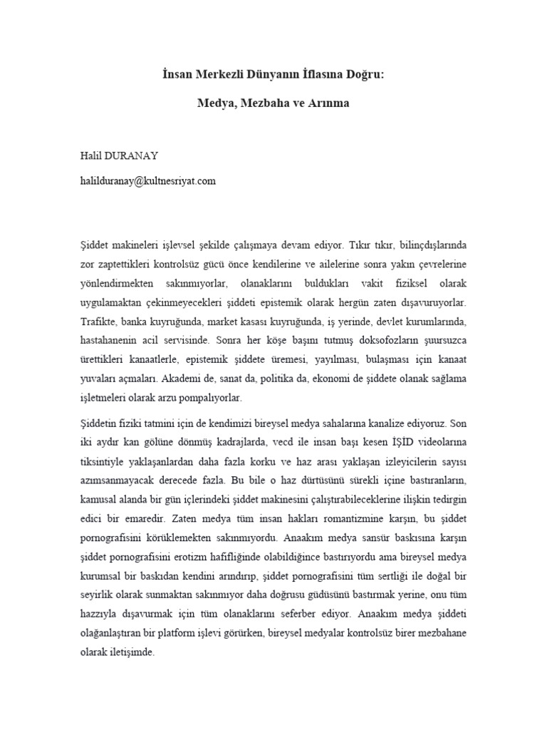 Halil Duranay - İnsan Merkezli Dünyanın İflasına Doğru | PDF