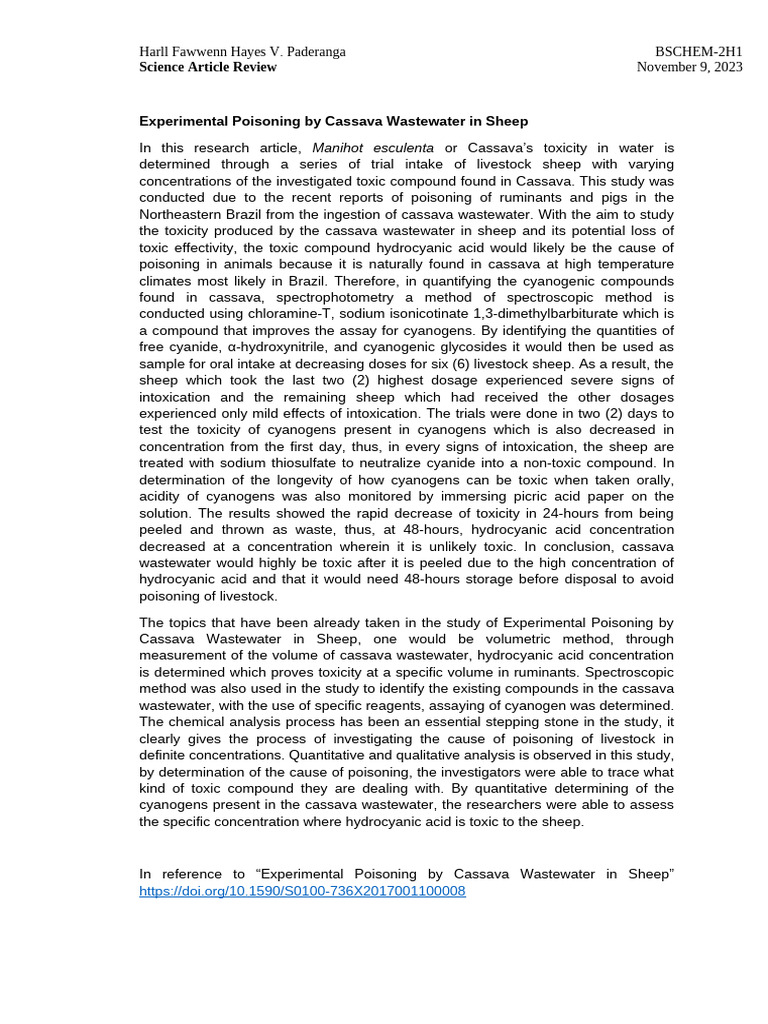 Experimental Poisoning by Cassava | PDF | Cyanide | Dose (Biochemistry)