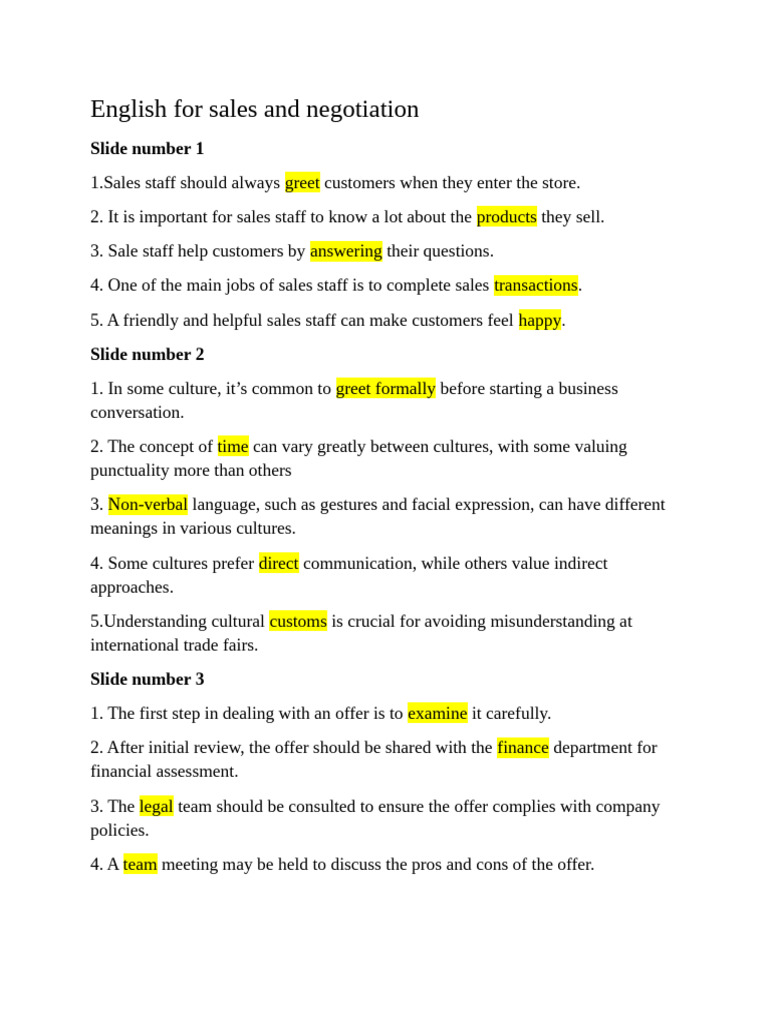 English For Sales and Negotiation - Gap Filling | PDF | Business