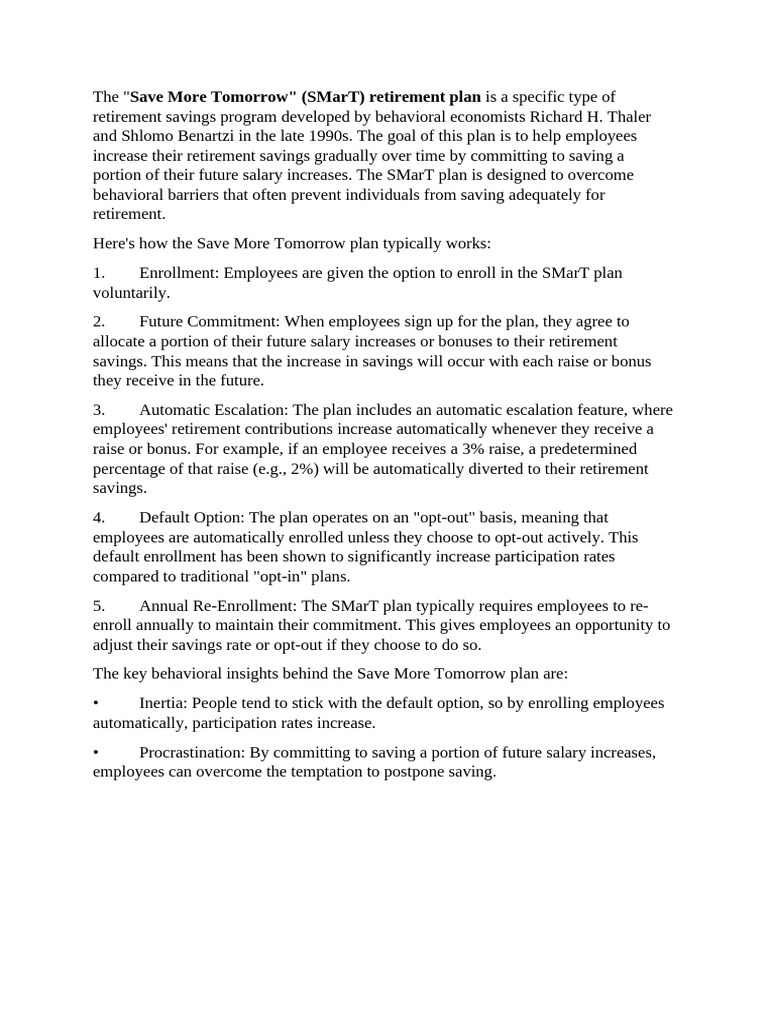 Save More Tomorrow Plans Notes | PDF | Cost Of Living | Expense